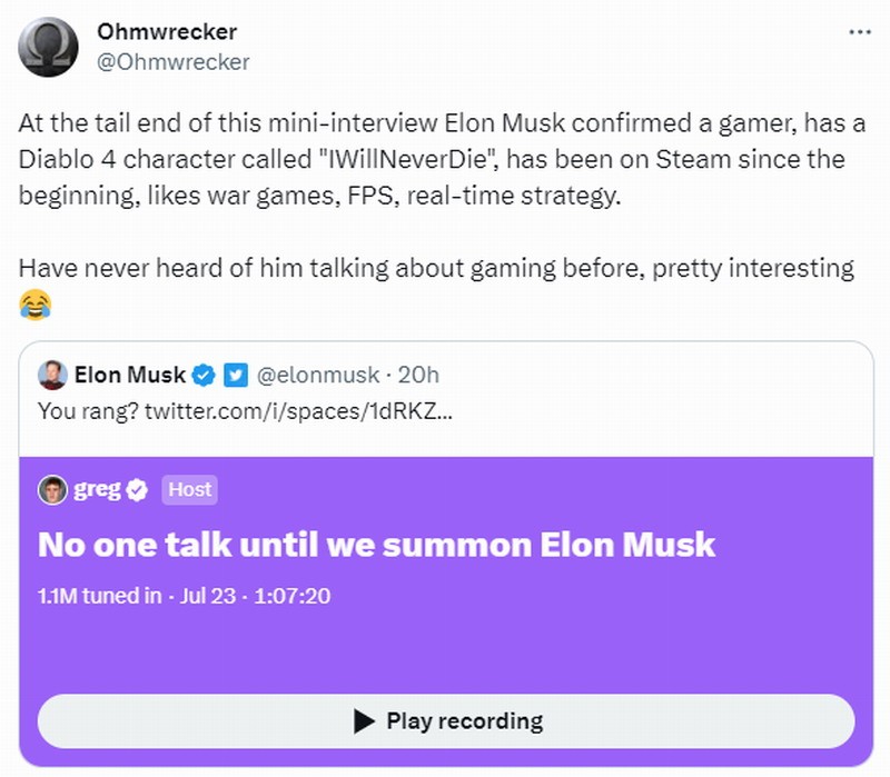 馬斯克正在玩《暗黑破壞神4》 ID叫“永遠不死”_18183新遊戲